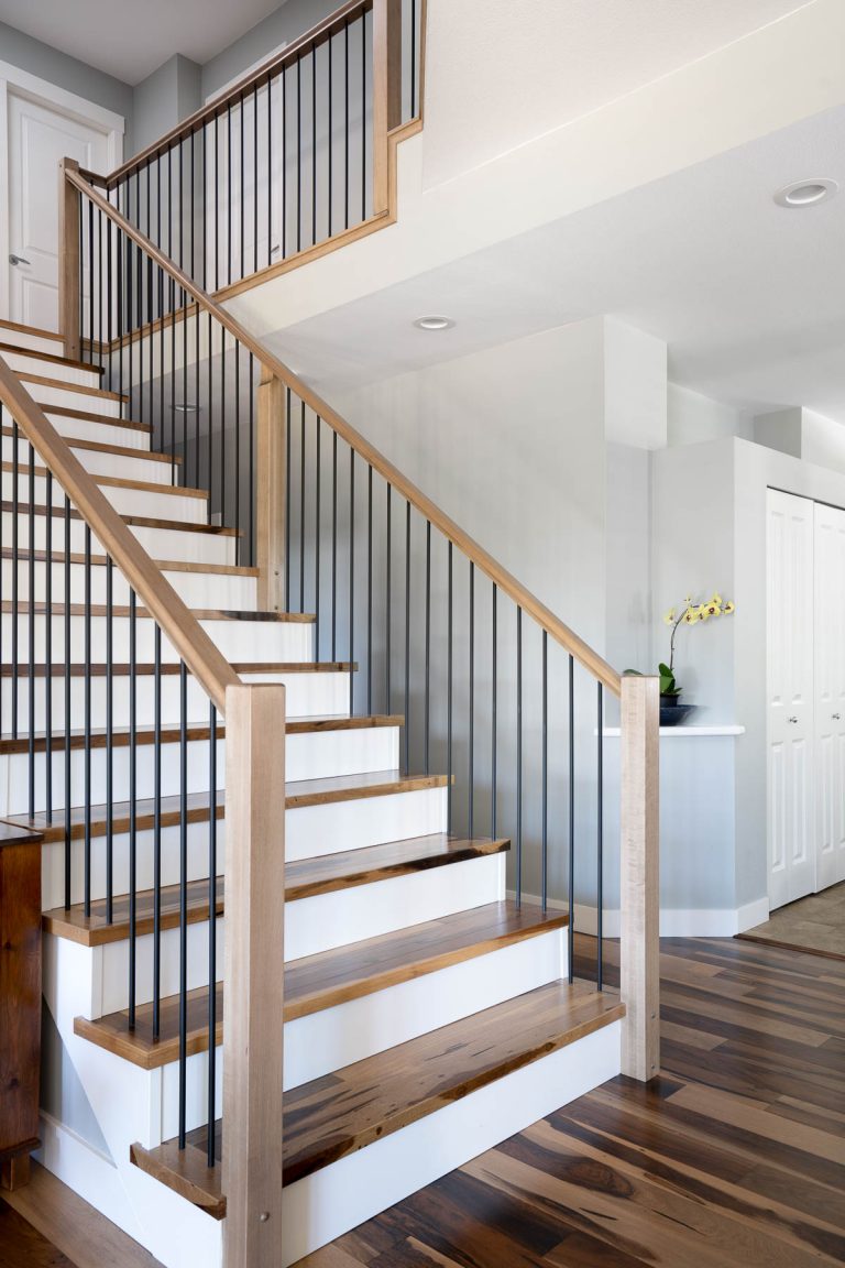 Stairs with painted risers and rustic modern railings - Novero Design ...